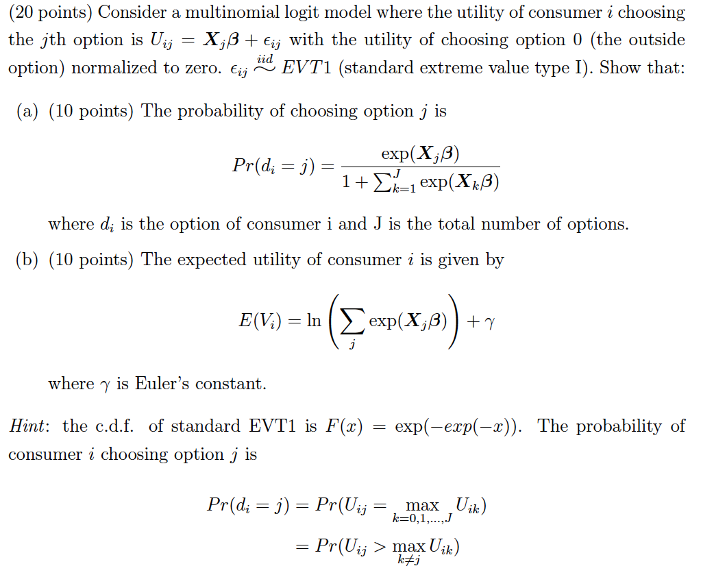 Solved 20 Points Consider A Multinomial Logit Model Where 
