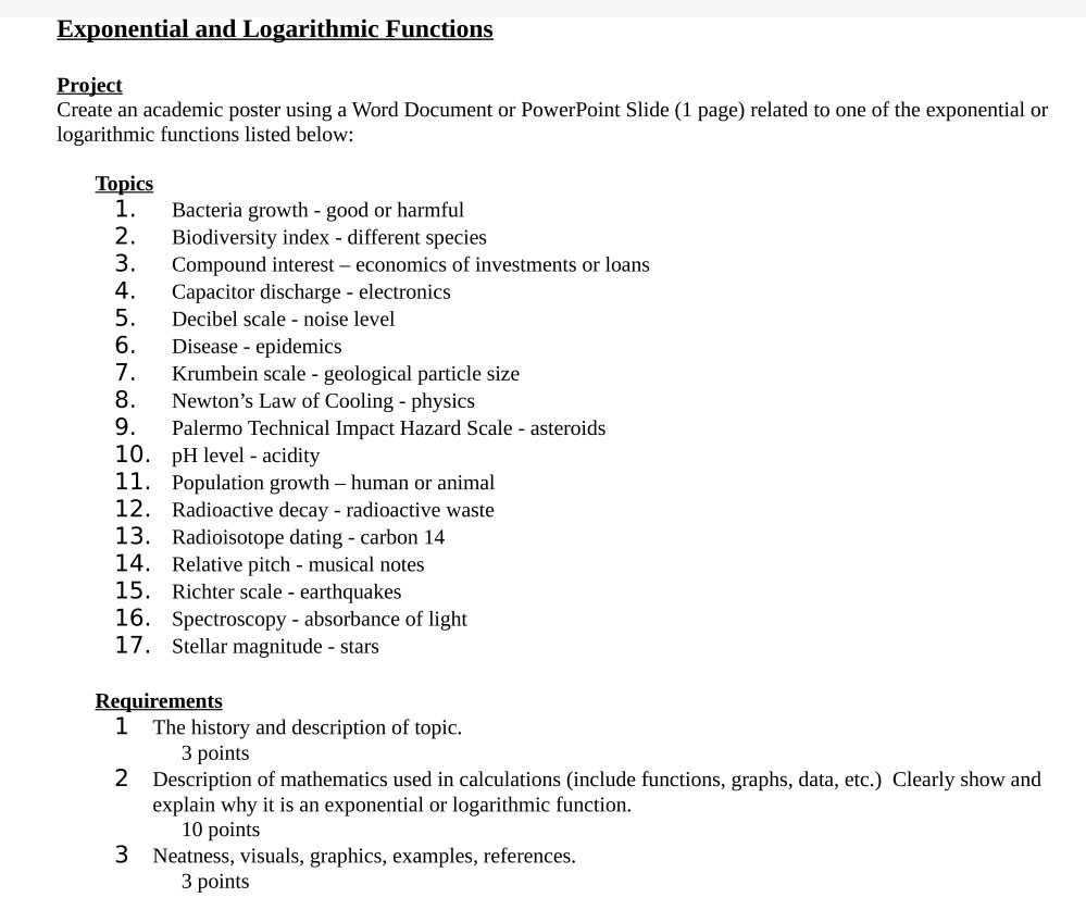 Solved Exponential and Logarithmic Functions Project Create | Chegg.com