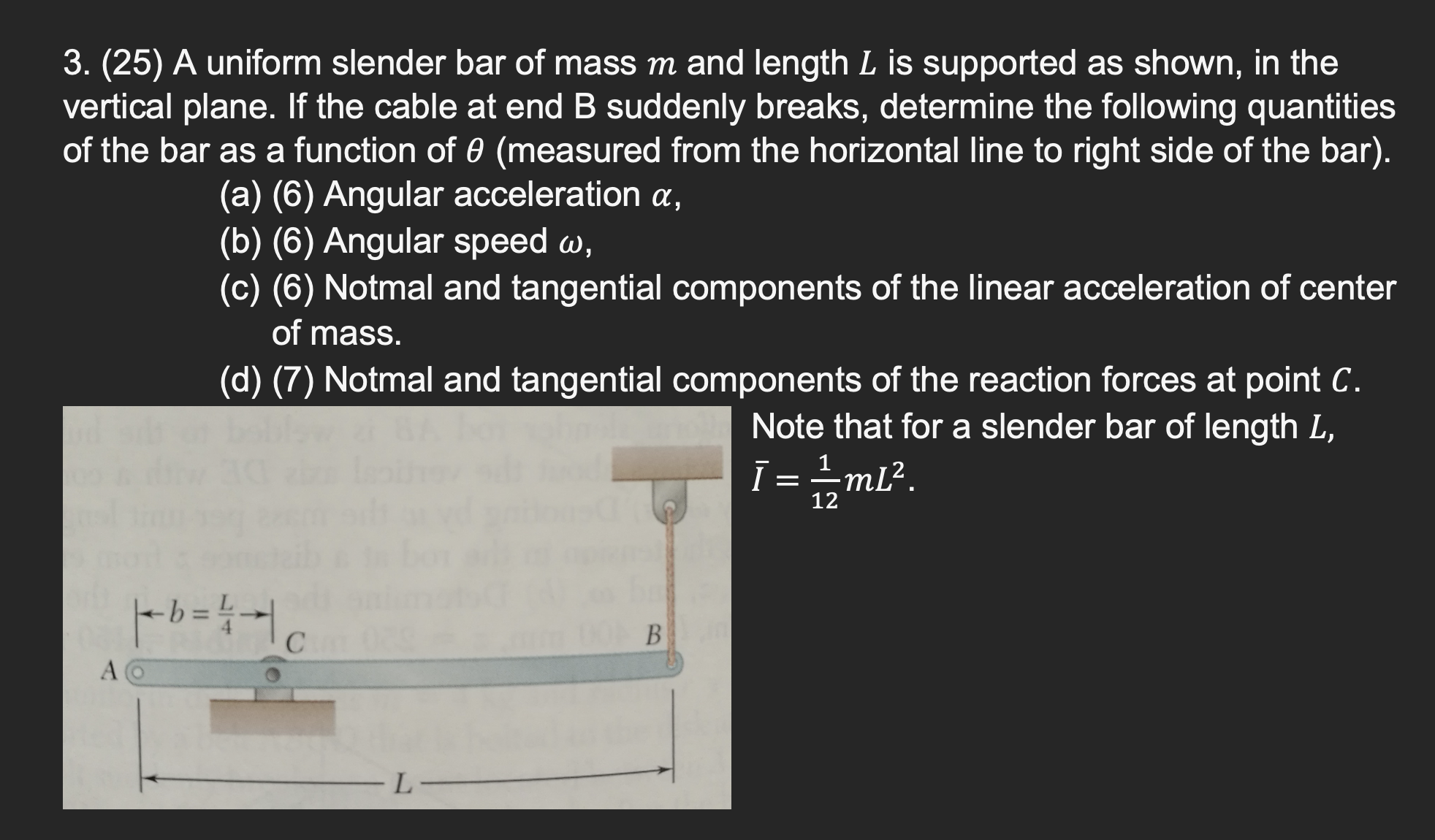 Solved (25) ﻿A uniform slender bar of mass m ﻿and length L | Chegg.com