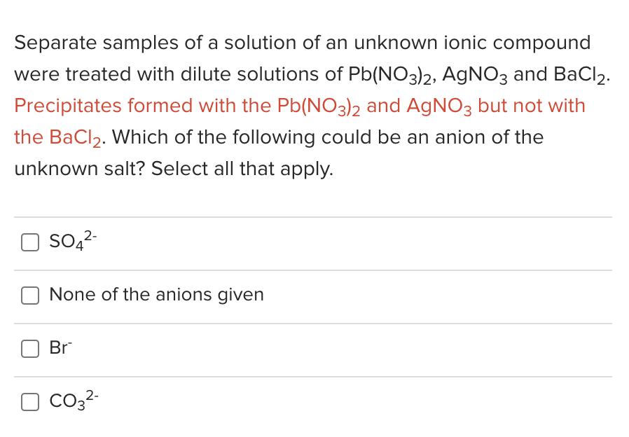 Solved Separate samples of a solution of an unknown ionic | Chegg.com