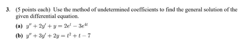 Solved 3. (5 points each) Use the method of undetermined | Chegg.com