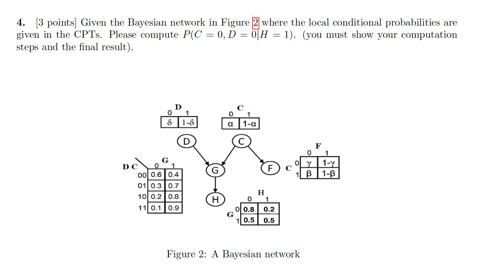 Solved 4. [3 points] Given the Bayesian network in Figure 2 | Chegg.com