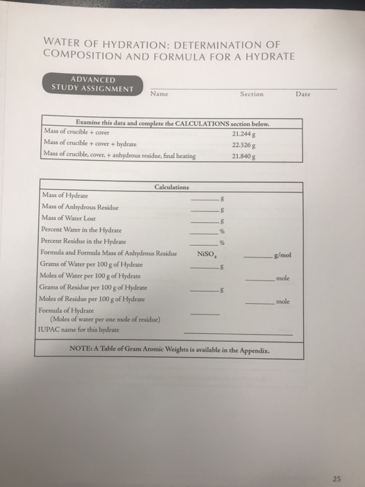 Solved WATER OF HYDRATION: DETERMINATION OF COMPOSITION AND | Chegg.com