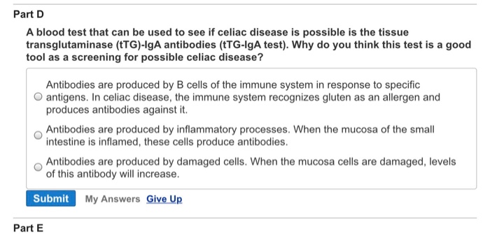 Solved Part D A blood test that can be used to see if celiac | Chegg.com