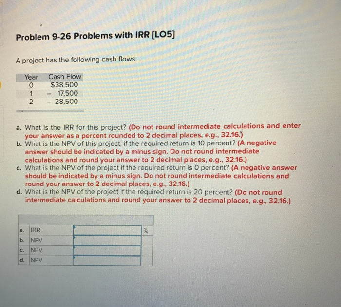 Solved Problem 9-26 Problems with IRR [LO5] A project has | Chegg.com