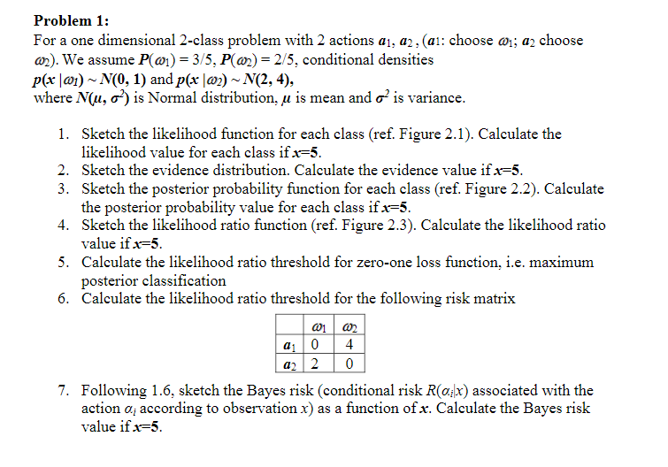 Problem 1: For a one dimensional 2-class problem with | Chegg.com