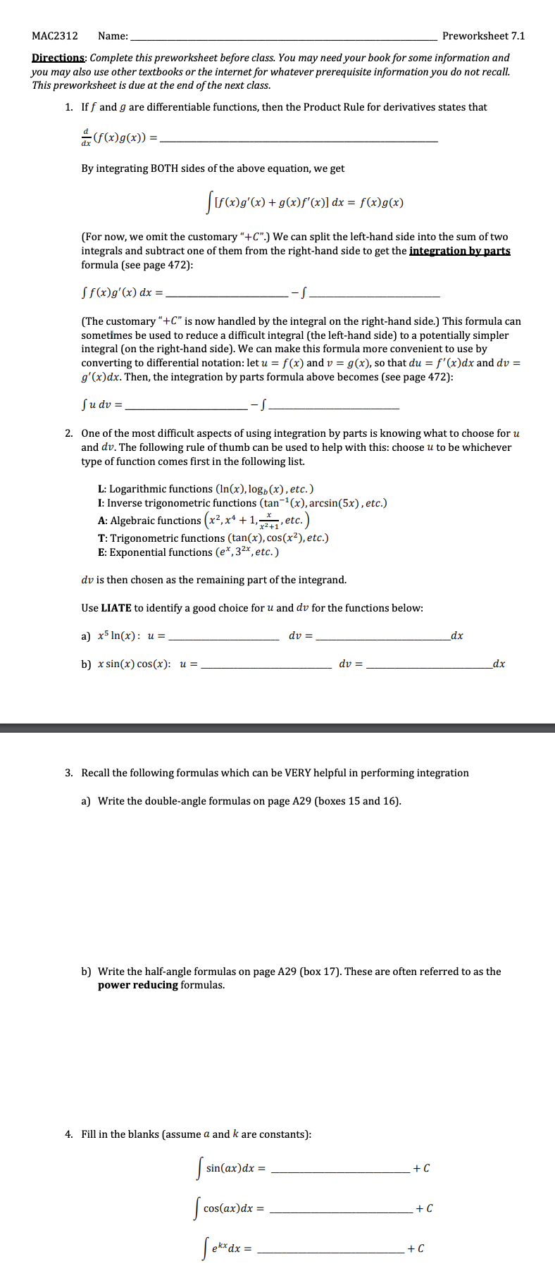 Solved MAC2312 Name: Preworksheet 7.1 Directions: Complete | Chegg.com