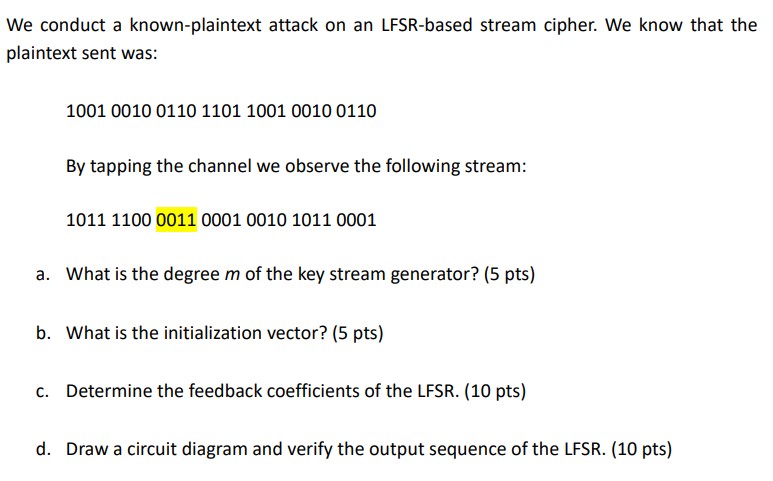 Solved We conduct a known-plaintext attack on an LFSR-based | Chegg.com