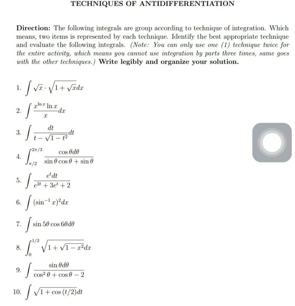 Solved TECHNIQUES OF ANTIDIFFERENTIATION Direction: The | Chegg.com