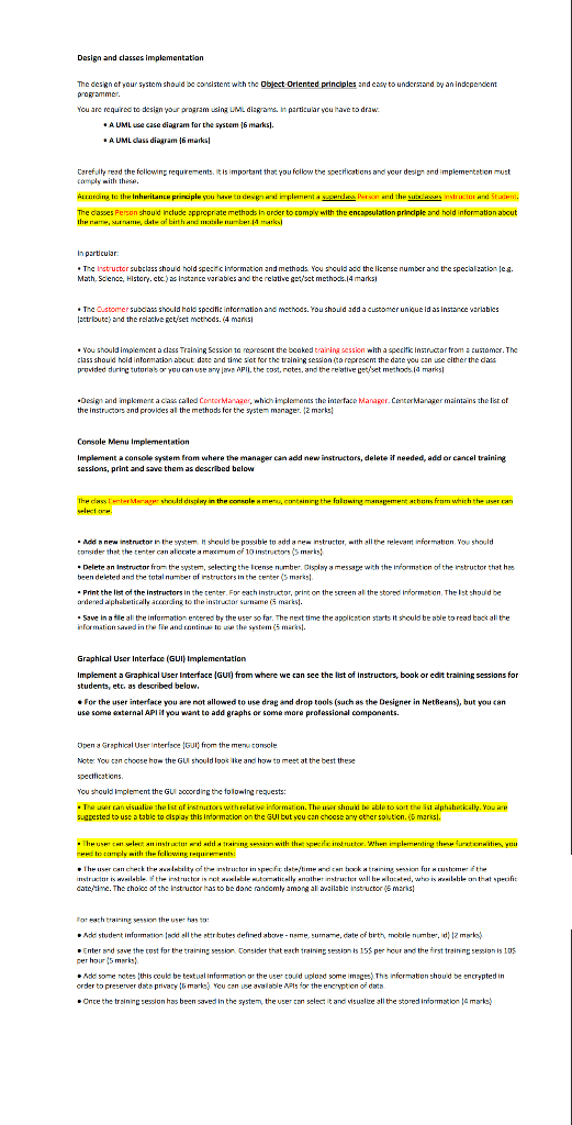 Design and classes implementatian The cesign of your | Chegg.com