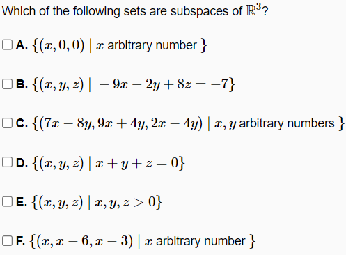 Solved Which of the following sets are subspaces of R3 ? A. | Chegg.com