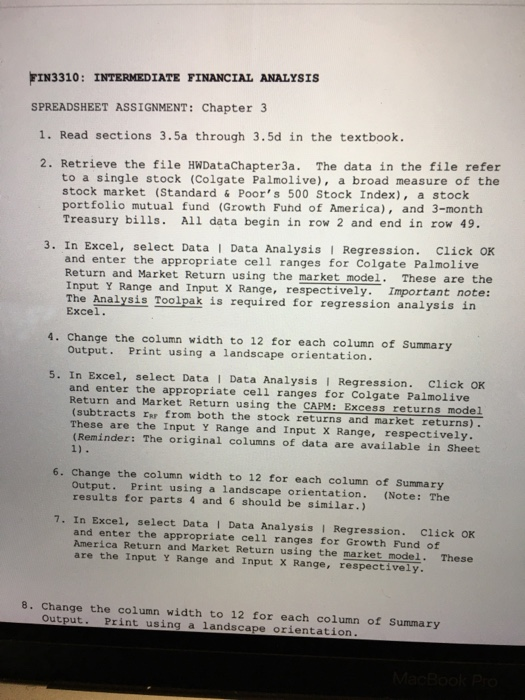 IN3310: INTERMEDIATE FINANCIAL ANALYSIS SPREADSHEET | Chegg.com