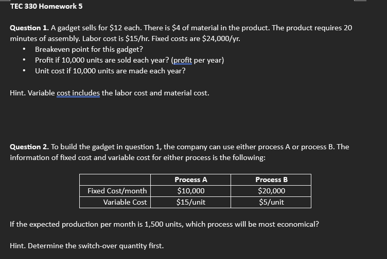 Solved TEC 330 Homework 5 Question 1. A gadget sells for $12 | Chegg.com