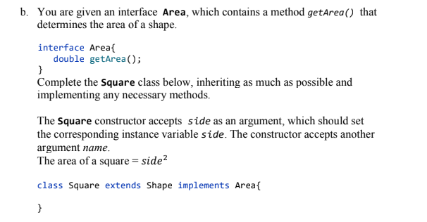 Solved b. You are given an interface Area, which contains a | Chegg.com