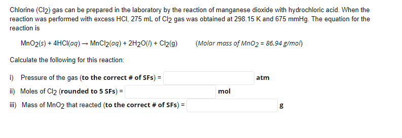 Solved Chlorine (Cl2) gas can be prepared in the laboratory | Chegg.com