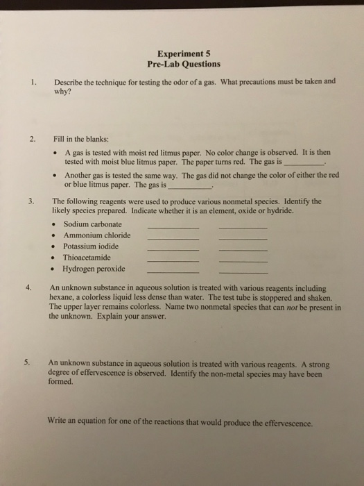 Solved Experiment 5 Pre-Lab Questions 1. Describe the | Chegg.com