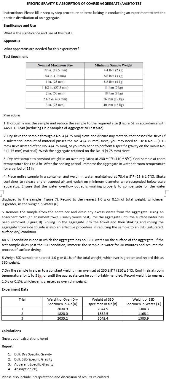 Solved SPECIFIC GRAVITY & ABSORPTION OF COARSE AGGREGATE | Chegg.com