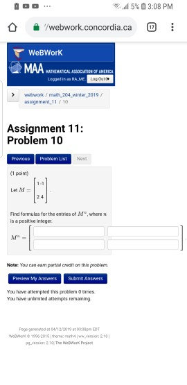 Solved 自口口 令、.45%自3:08 PM 公 율/webwork.concordia.ca D WeBWork | Chegg.com