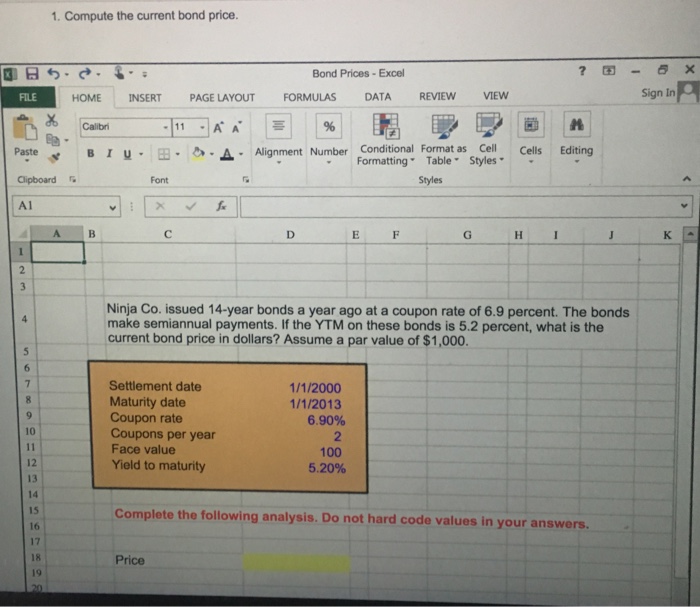 Solved 1 Compute The Current Bond Price Bond Prices Excel 
