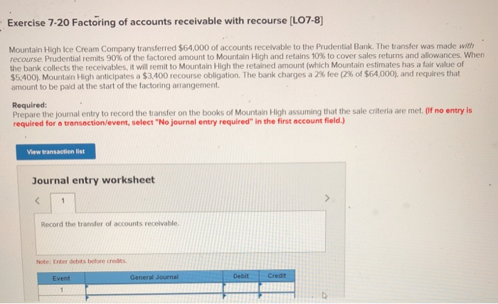 Solved Exercise 7-20 Factoring of accounts receivable with | Chegg.com