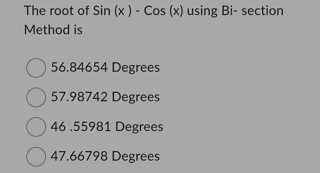 Solved The root of Sin(x)−Cos(x) using B i- section Method | Chegg.com