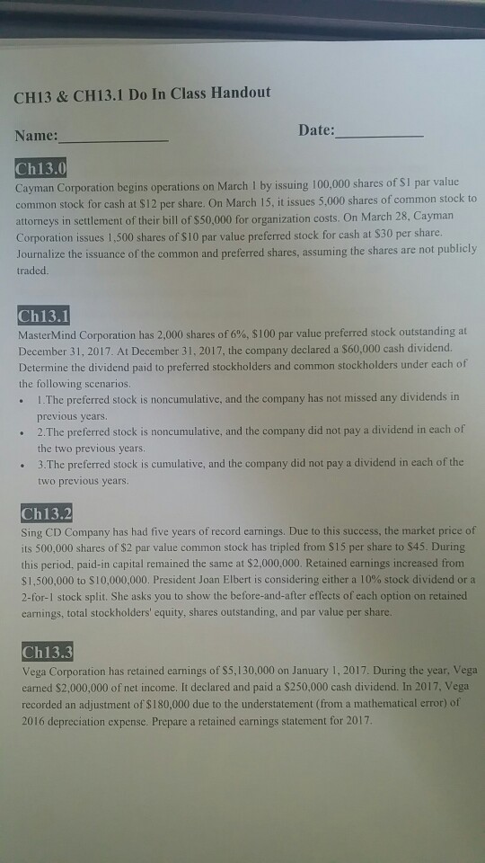 Solved CH13 & CH13.1 Do In Class Handout Date: Name: Ch13.0 | Chegg.com