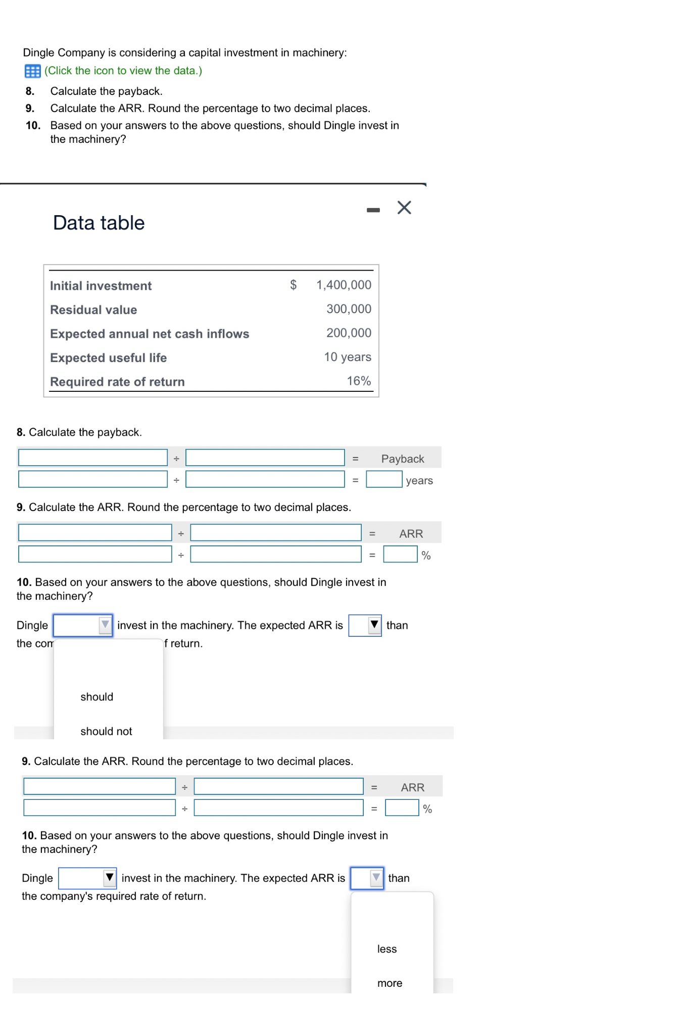 Solved Data tableCalculate the payback.Calculate the ARR. | Chegg.com