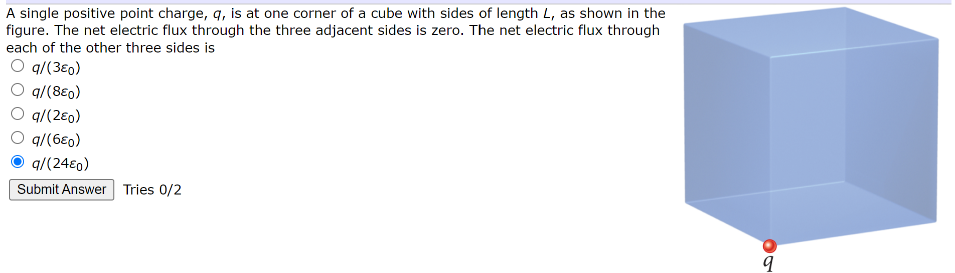 Solved A single positive point charge, q, is at one corner | Chegg.com