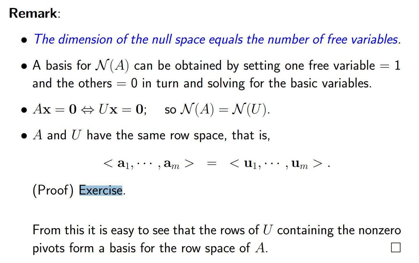 Solved Remark: • The dimension of the null space equals the | Chegg.com
