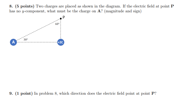 Solved 8. (5 points) Two charges are placed as shown in the | Chegg.com