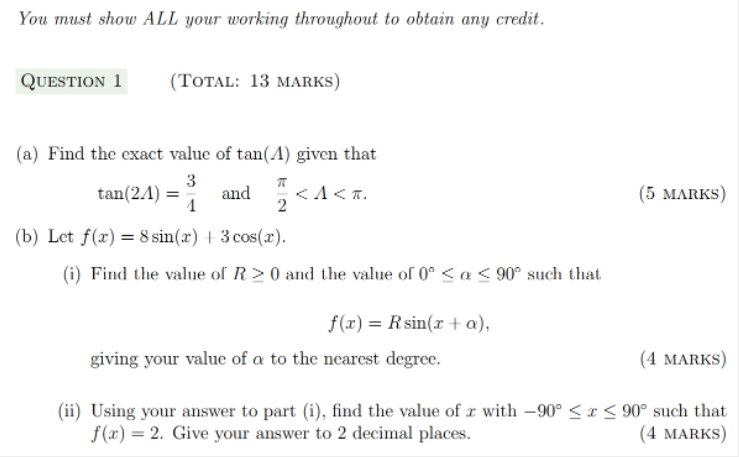 Solved You must show ALL your working throughout to obtain | Chegg.com
