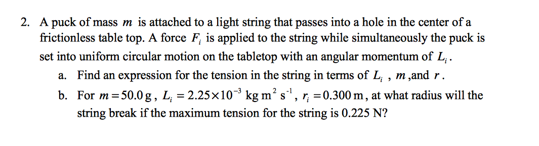 Solved 2. A puck of mass m is attached to a light string | Chegg.com