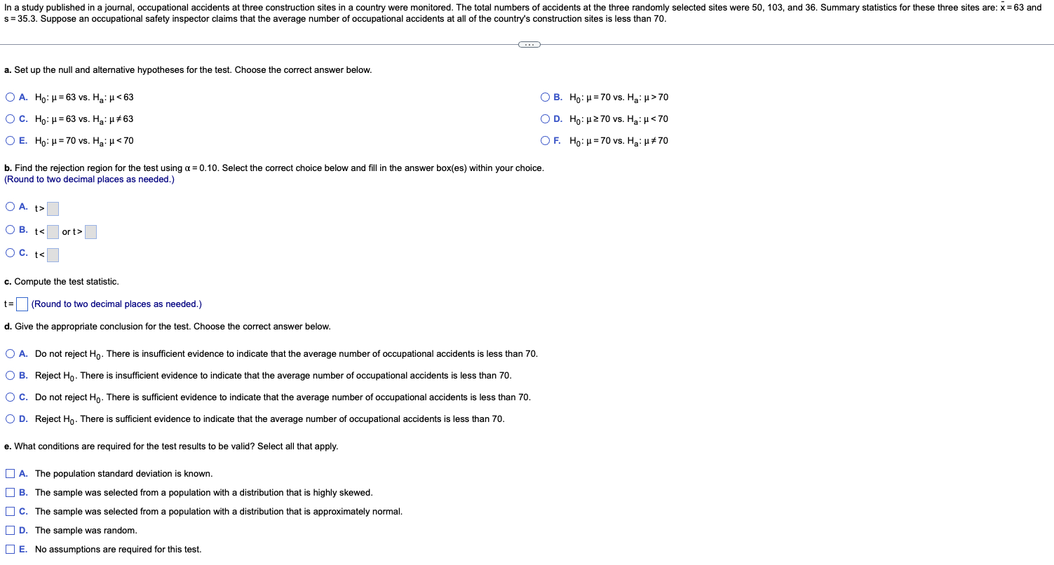 Solved A. H0:μ=63 vs. Ha:μ 70 c. | Chegg.com