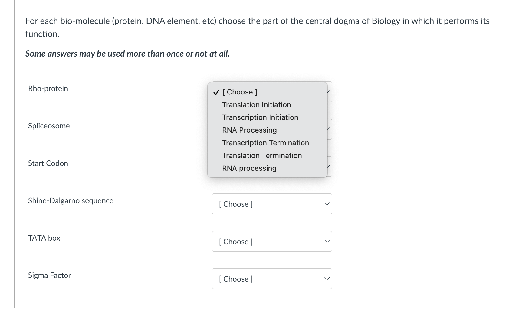 Solved For each bio-molecule (protein, DNA element, etc) | Chegg.com