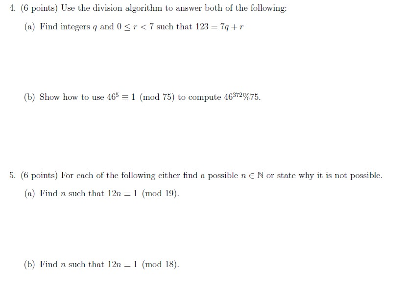 Solved 4. (6 points) Use the division algorithm to answer | Chegg.com
