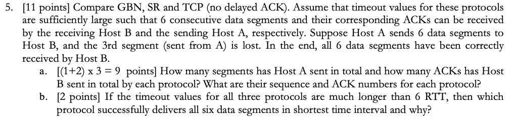Solved 5. [11 points] Compare GBN, SR and TCP (no delayed | Chegg.com