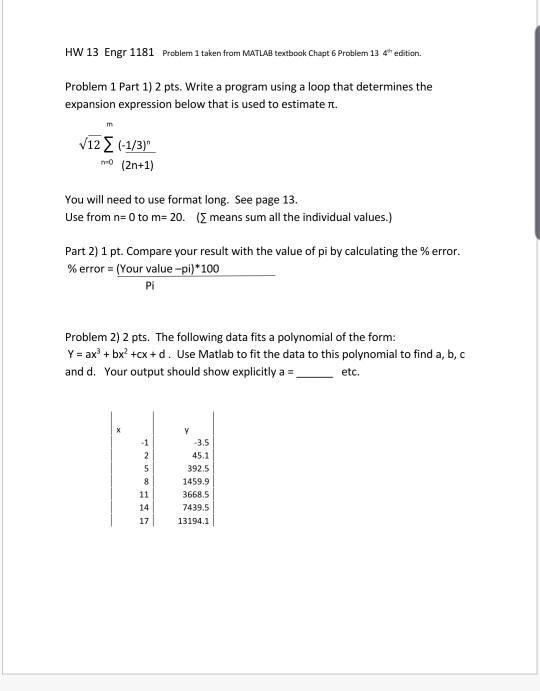 Solved HW 13 Engr 1181 Problem 1 taken from MATLAB textbook | Chegg.com