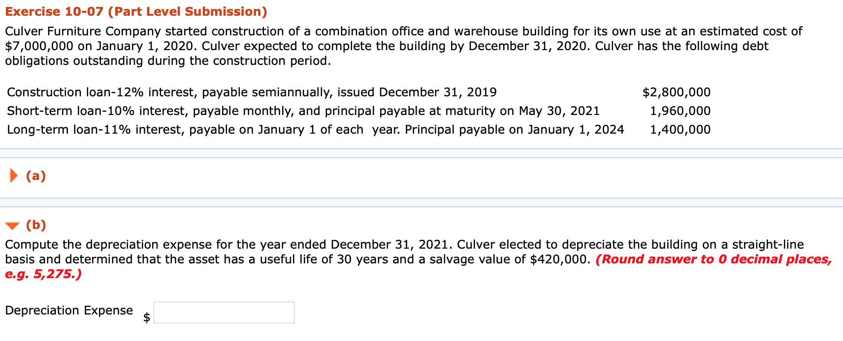 Solved Exercise 10-07 (Part Level Submission) Culver | Chegg.com