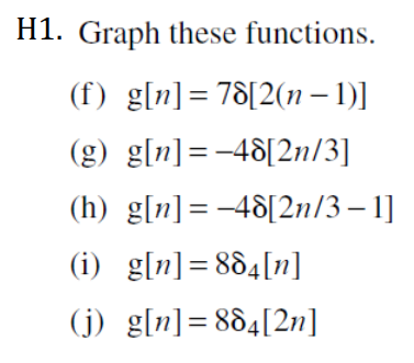 Solved H1. Graph these functions. (f) g[n]=78[2(n−1)] (g) | Chegg.com