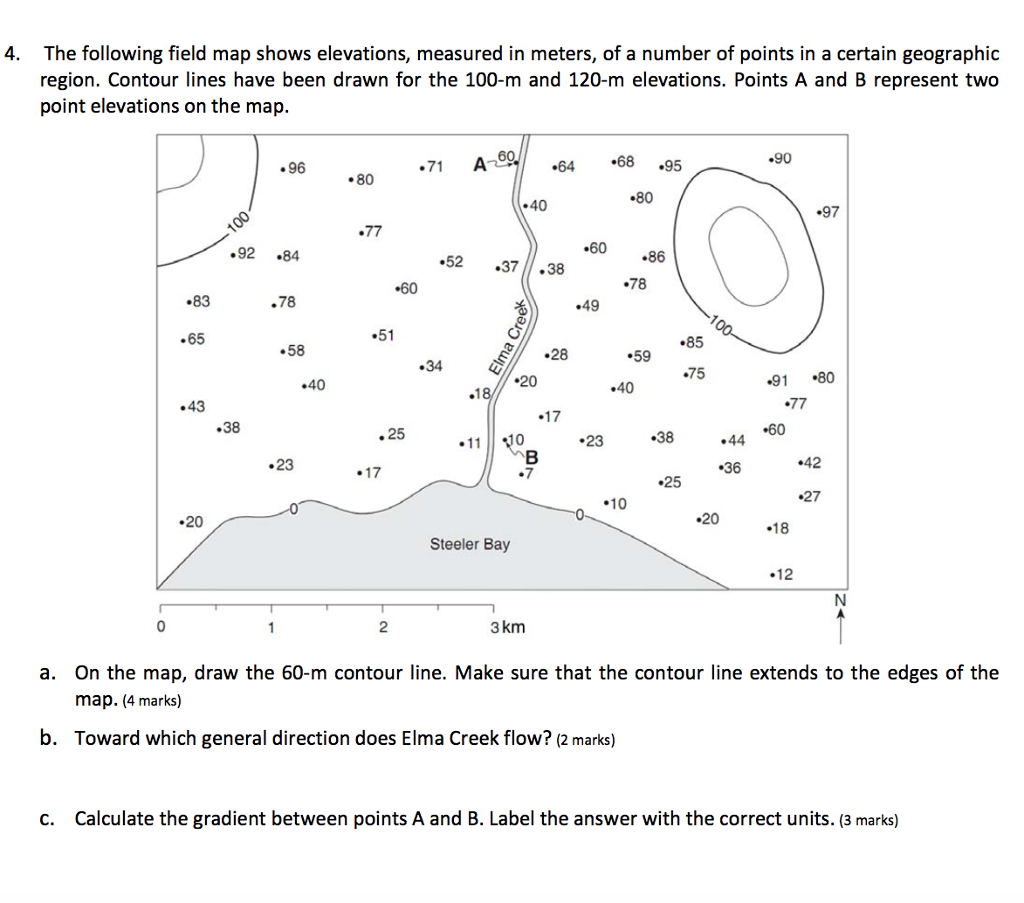 Solved 4. The following field map shows elevations, measured | Chegg.com Solved 4. The following field map shows elevations, measured | Chegg.com