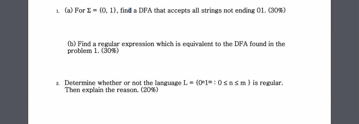 Solved 1. (a) For 2 = {0, 1}, find a DFA that accepts all | Chegg.com