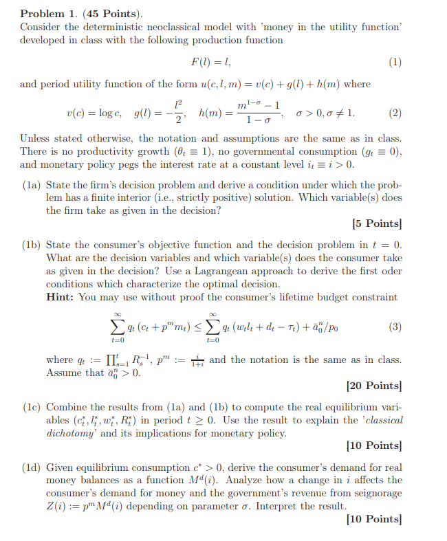 Solved Problem 1. (45 ﻿Points).Consider the deterministic | Chegg.com