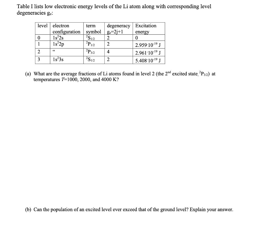 Solved Table I lists low electronic energy levels of the Li | Chegg.com