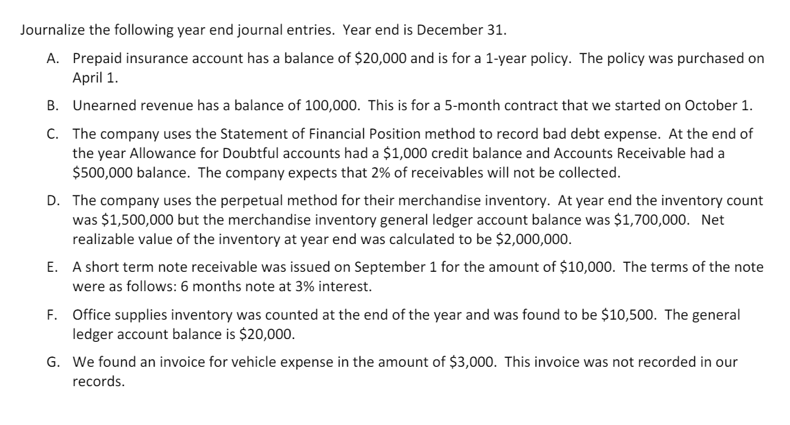 Solved Journalize the following year end journal entries. | Chegg.com