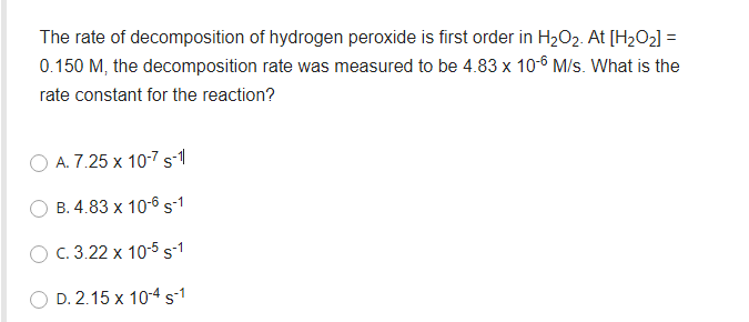 Solved The rate of decomposition of hydrogen peroxide is | Chegg.com