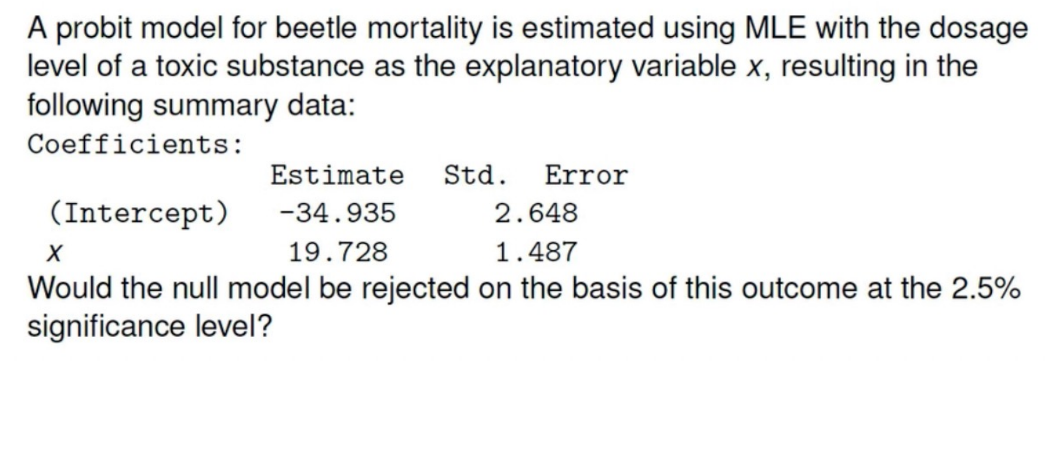 Solved A probit model for beetle mortality is estimated | Chegg.com