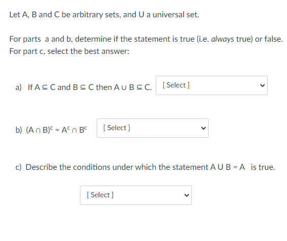 Solved Let A,B ﻿and C ﻿be arbitrary sets, and U ﻿a universal | Chegg.com