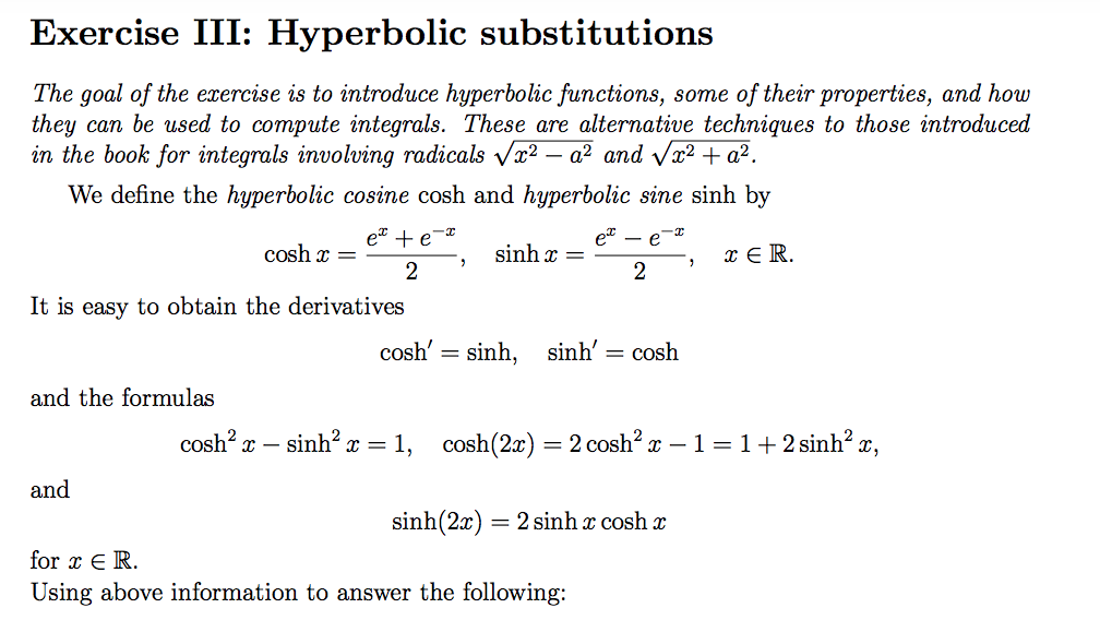 Solved Exercise III: Hyperbolic substitutions The goal of | Chegg.com