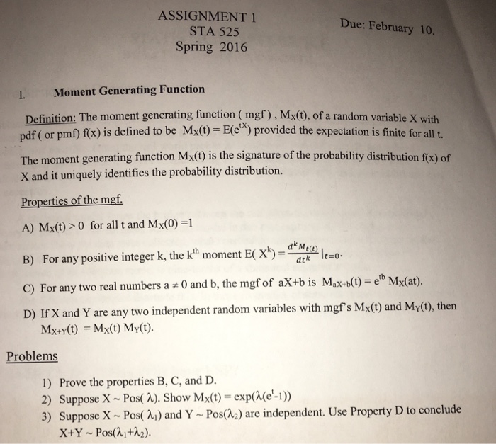 Solved The moment generating function (mgf), M_X(t), of a | Chegg.com