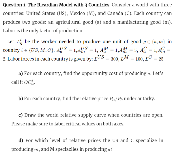 Solved Question 1. The Ricardian Model with 3 Countries. | Chegg.com